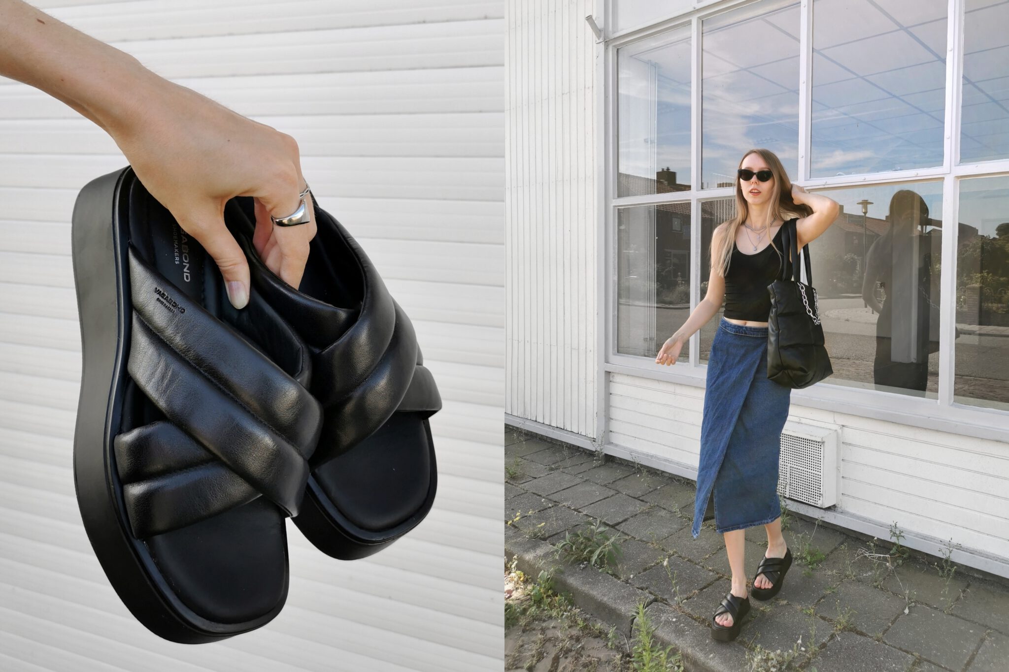 Outfit | Denim midi skirt & platform slippers - Make People Stare